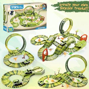 Dinosaur Race Car Track Toys, 400 pcs Create Dinosaur World Road Race, Flexible Tracks with 360 Loop and Auto Turntable Playset, 2 Cars, 2 Dinosaur Head, Gift for Kids Ages 3 4 5 6 Year Old Boys Girls