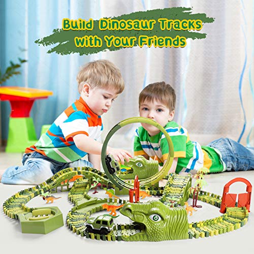 Dinosaur Race Car Track Toys, 400 pcs Create Dinosaur World Road Race, Flexible Tracks with 360 Loop and Auto Turntable Playset, 2 Cars, 2 Dinosaur Head, Gift for Kids Ages 3 4 5 6 Year Old Boys Girls