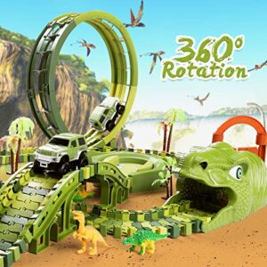 Dinosaur Race Car Track Toys, 400 pcs Create Dinosaur World Road Race, Flexible Tracks with 360 Loop and Auto Turntable Playset, 2 Cars, 2 Dinosaur Head, Gift for Kids Ages 3 4 5 6 Year Old Boys Girls