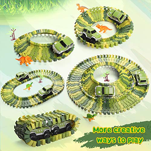 Dinosaur Race Car Track Toys, 400 pcs Create Dinosaur World Road Race, Flexible Tracks with 360 Loop and Auto Turntable Playset, 2 Cars, 2 Dinosaur Head, Gift for Kids Ages 3 4 5 6 Year Old Boys Girls