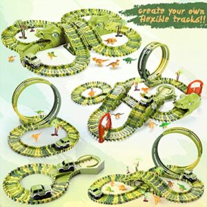 Dinosaur Race Car Track Toys, 400 pcs Create Dinosaur World Road Race, Flexible Tracks with 360 Loop and Auto Turntable Playset, 2 Cars, 2 Dinosaur Head, Gift for Kids Ages 3 4 5 6 Year Old Boys Girls