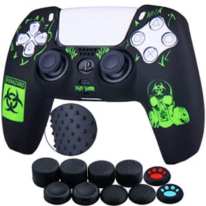 yorha silicone rubber back dots carving customizing skin cover for ps5 dualsense controller x 1(bh green) with pro thumb grips x 10