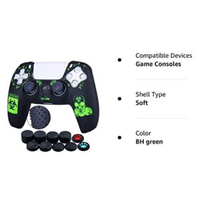 YoRHa Silicone Rubber Back Dots Carving Customizing Skin Cover for PS5 Dualsense Controller x 1(BH Green) with Pro Thumb Grips x 10