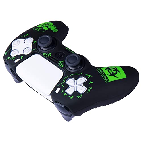 YoRHa Silicone Rubber Back Dots Carving Customizing Skin Cover for PS5 Dualsense Controller x 1(BH Green) with Pro Thumb Grips x 10