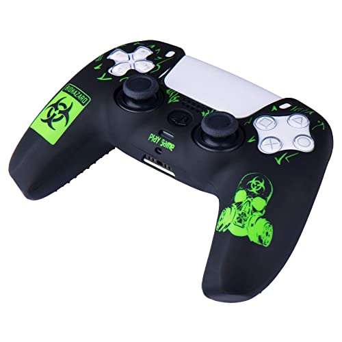 YoRHa Silicone Rubber Back Dots Carving Customizing Skin Cover for PS5 Dualsense Controller x 1(BH Green) with Pro Thumb Grips x 10