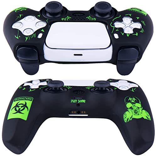 YoRHa Silicone Rubber Back Dots Carving Customizing Skin Cover for PS5 Dualsense Controller x 1(BH Green) with Pro Thumb Grips x 10