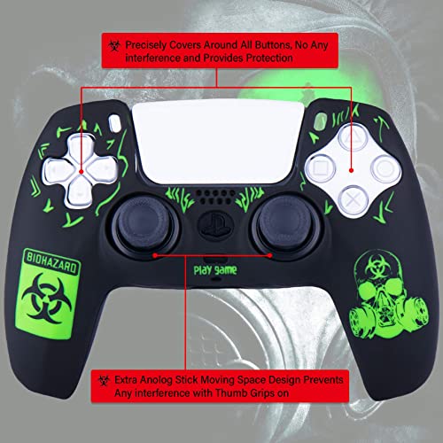 YoRHa Silicone Rubber Back Dots Carving Customizing Skin Cover for PS5 Dualsense Controller x 1(BH Green) with Pro Thumb Grips x 10