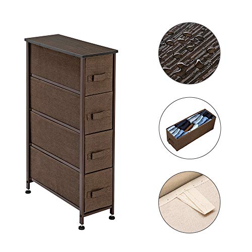 Guangshuohui Narrow Dresser Storage Tower, Vertical Storage Unit with 4 Fabric Drawers, Metal Frame, Slim Storage Tower, 7.9” Width, for Living Room, Kitchen, Small Space, Gap (Coffee)