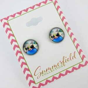 Stainless Steel Cool Cat in Sunglasses Print Glass Stud Earrings 12mm