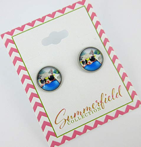 Stainless Steel Cool Cat in Sunglasses Print Glass Stud Earrings 12mm