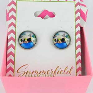 Stainless Steel Cool Cat in Sunglasses Print Glass Stud Earrings 12mm