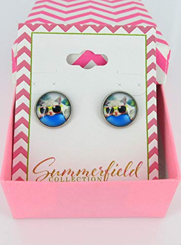 Stainless Steel Cool Cat in Sunglasses Print Glass Stud Earrings 12mm