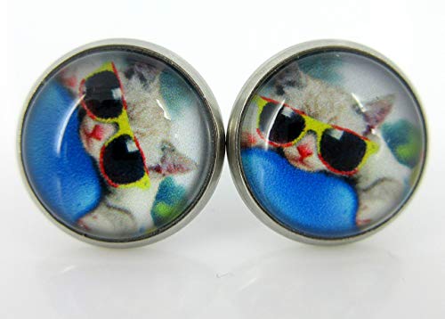 Stainless Steel Cool Cat in Sunglasses Print Glass Stud Earrings 12mm