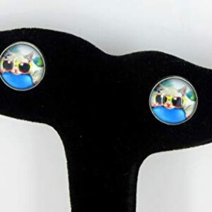 Stainless Steel Cool Cat in Sunglasses Print Glass Stud Earrings 12mm