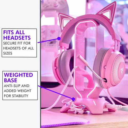 Tilted Nation RGB Gaming Headset Stand - 3 in 1 Pink Headphone Stand with Mouse Bungee and 2 Port USB Hub Charger - The Ultimate Gaming Accessory and Gamer Gift - RGB Headphone Holder for Desk