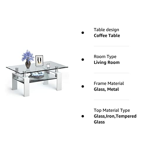 Tangkula Rectangular Glass Coffee Table, Modern Side Coffee Table w/Lower Shelf, Tempered Glass Tabletop & Metal Legs, Suitable for Living Room Office (White)