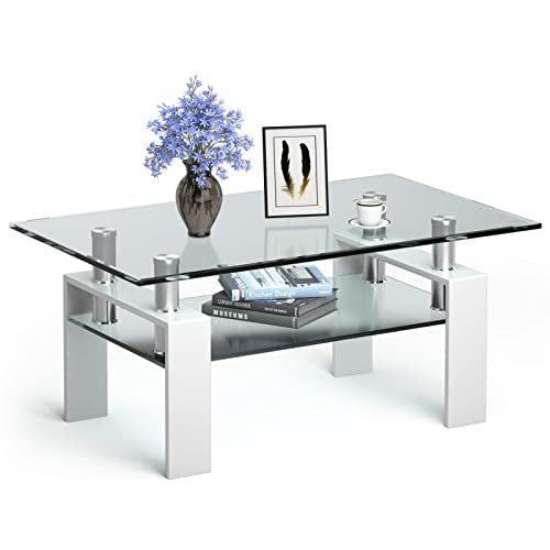 Tangkula Rectangular Glass Coffee Table, Modern Side Coffee Table w/Lower Shelf, Tempered Glass Tabletop & Metal Legs, Suitable for Living Room Office (White)