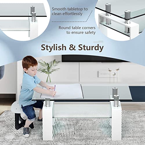 Tangkula Rectangular Glass Coffee Table, Modern Side Coffee Table w/Lower Shelf, Tempered Glass Tabletop & Metal Legs, Suitable for Living Room Office (White)