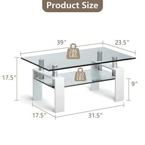 Tangkula Rectangular Glass Coffee Table, Modern Side Coffee Table w/Lower Shelf, Tempered Glass Tabletop & Metal Legs, Suitable for Living Room Office (White)