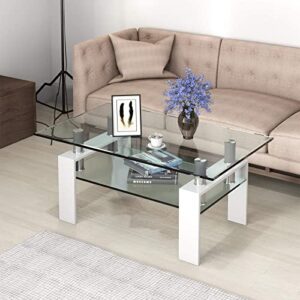 Tangkula Rectangular Glass Coffee Table, Modern Side Coffee Table w/Lower Shelf, Tempered Glass Tabletop & Metal Legs, Suitable for Living Room Office (White)