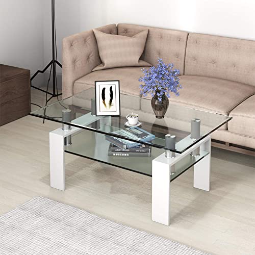 Tangkula Rectangular Glass Coffee Table, Modern Side Coffee Table w/Lower Shelf, Tempered Glass Tabletop & Metal Legs, Suitable for Living Room Office (White)