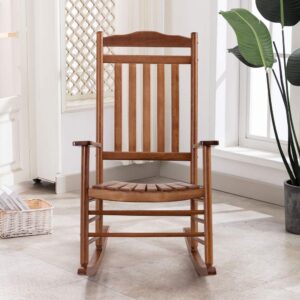 BplusZ Patio Rocking Chair Outdoor Furniture Comfy Rocker for Adults Porch Lawn Room Indoor Wooden Brown