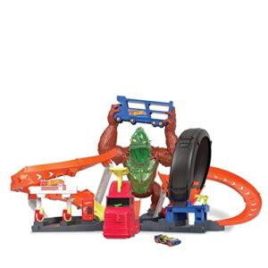 hot wheels toy car track set city toxic gorilla slam gas station & tire repair shop, truck launcher, 1:64 scale car