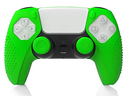 Foamy Lizard SensePro Dock Compatible PS5 Controller | Soft Flat Anti-Slip Studded Silicone Gel Grip Cover for Playstation 5 Dualsense, Rubber Protector Plus 8 Raised Thumb Grip Caps (Green)