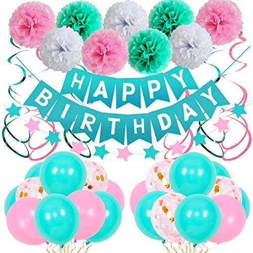 Birthday Decorations, Birthday Party Supplies Kit for Girls Women Happy Birthday Banner Pink Teal Latex Balloons Tissue Paper Pom Pom Star Garland Hanging Swirls Birthday Decor for 13th 16th 18th 21st