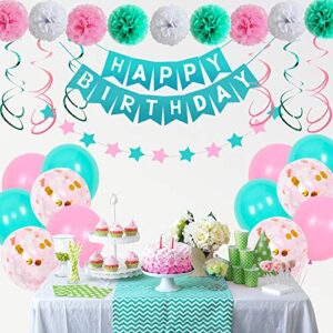 Birthday Decorations, Birthday Party Supplies Kit for Girls Women Happy Birthday Banner Pink Teal Latex Balloons Tissue Paper Pom Pom Star Garland Hanging Swirls Birthday Decor for 13th 16th 18th 21st