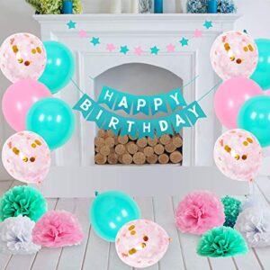 Birthday Decorations, Birthday Party Supplies Kit for Girls Women Happy Birthday Banner Pink Teal Latex Balloons Tissue Paper Pom Pom Star Garland Hanging Swirls Birthday Decor for 13th 16th 18th 21st