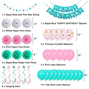 Birthday Decorations, Birthday Party Supplies Kit for Girls Women Happy Birthday Banner Pink Teal Latex Balloons Tissue Paper Pom Pom Star Garland Hanging Swirls Birthday Decor for 13th 16th 18th 21st