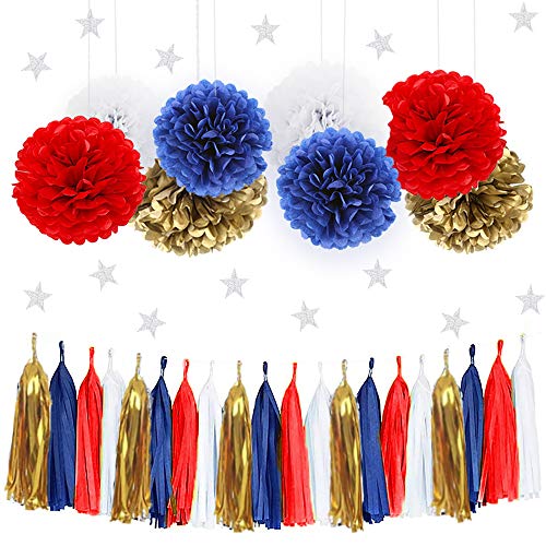 IGUO 30pcs Wonder Woman Decor Navy Blue Red White Gold Tissue Paper Pom Poms Nautical Party Supplies Twinkle Stars Paper Garland for Baby Shower Boy Scout Banquet Birthday Party Decorations