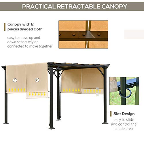 Outsunny 10' x 10' Outdoor Retractable Pergola Canopy with Sun Shade Unique Design Canopy Patio Metal Shelter for Garden Porch Beach