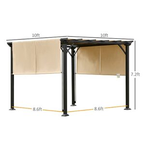 Outsunny 10' x 10' Outdoor Retractable Pergola Canopy with Sun Shade Unique Design Canopy Patio Metal Shelter for Garden Porch Beach