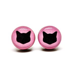 stud earrings, light pink black cat, 10 mm, handmade, stainless steel posts for sensitive ears