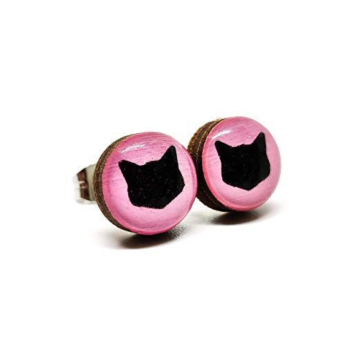 Stud Earrings, Light Pink Black Cat, 10 mm, Handmade, Stainless Steel Posts for Sensitive Ears