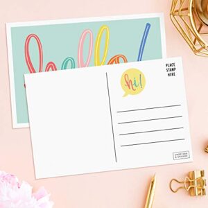 Sweetzer & Orange Hello Postcards Pack (60 Post Cards) 4x6 Postcards for Kids and Adults. 300gsm Note Cards. Blank Hello Greeting Cards, Mint Green Hello Cards