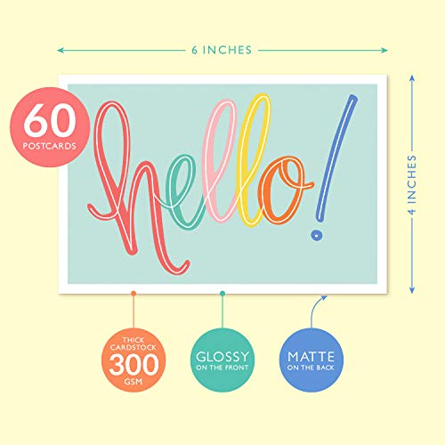 Sweetzer & Orange Hello Postcards Pack (60 Post Cards) 4x6 Postcards for Kids and Adults. 300gsm Note Cards. Blank Hello Greeting Cards, Mint Green Hello Cards