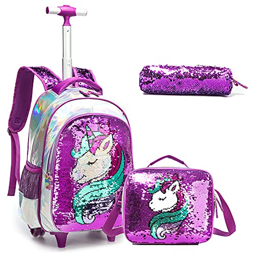 Egchescebo School Kids Rolling Backpack for Girls and Boys With Wheels Trolley Wheeled Backpacks for Girls Travel Bags 3PCS Girls and Boys Backpack With Lunch Box Purple