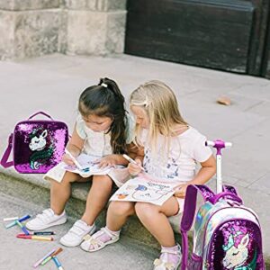 Egchescebo School Kids Rolling Backpack for Girls and Boys With Wheels Trolley Wheeled Backpacks for Girls Travel Bags 3PCS Girls and Boys Backpack With Lunch Box Purple