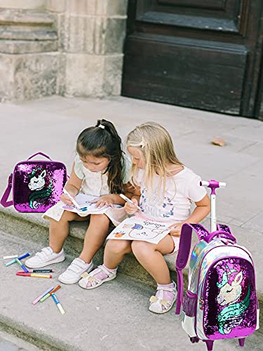 Egchescebo School Kids Rolling Backpack for Girls and Boys With Wheels Trolley Wheeled Backpacks for Girls Travel Bags 3PCS Girls and Boys Backpack With Lunch Box Purple