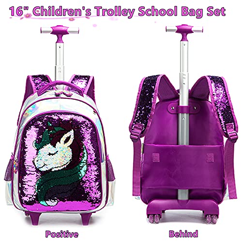 Egchescebo School Kids Rolling Backpack for Girls and Boys With Wheels Trolley Wheeled Backpacks for Girls Travel Bags 3PCS Girls and Boys Backpack With Lunch Box Purple