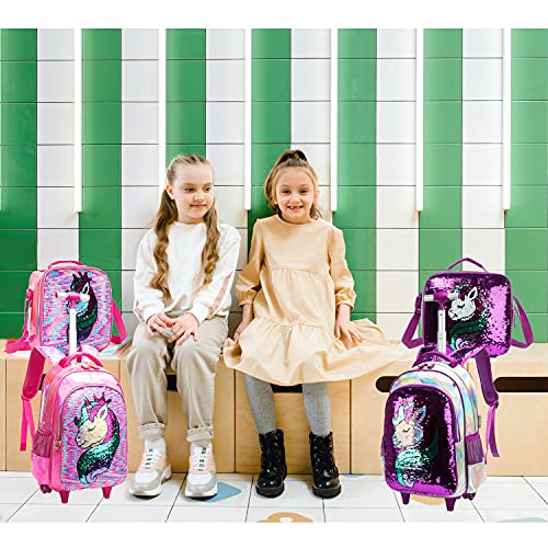 Egchescebo School Kids Rolling Backpack for Girls and Boys With Wheels Trolley Wheeled Backpacks for Girls Travel Bags 3PCS Girls and Boys Backpack With Lunch Box Purple