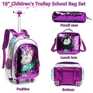 Egchescebo School Kids Rolling Backpack for Girls and Boys With Wheels Trolley Wheeled Backpacks for Girls Travel Bags 3PCS Girls and Boys Backpack With Lunch Box Purple