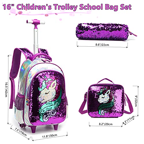 Egchescebo School Kids Rolling Backpack for Girls and Boys With Wheels Trolley Wheeled Backpacks for Girls Travel Bags 3PCS Girls and Boys Backpack With Lunch Box Purple