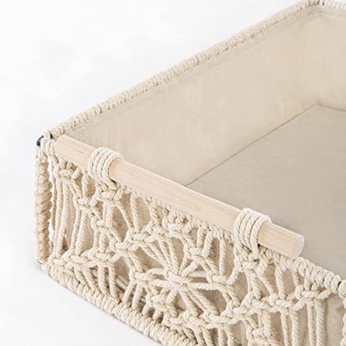 YOUDENOVA Macrame Storage Basket(Cream White, Set of 3), Decorative Hand Woven Boho Basket with Wooden Handles & Liner Cloth, Boho Bathroom Nursery Bedroom Living room Decor