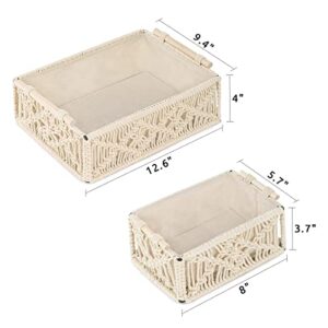 YOUDENOVA Macrame Storage Basket(Cream White, Set of 3), Decorative Hand Woven Boho Basket with Wooden Handles & Liner Cloth, Boho Bathroom Nursery Bedroom Living room Decor