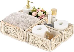 youdenova macrame storage basket(cream white, set of 3), decorative hand woven boho basket with wooden handles & liner cloth, boho bathroom nursery bedroom living room decor