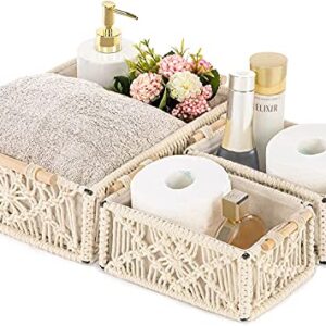 YOUDENOVA Macrame Storage Basket(Cream White, Set of 3), Decorative Hand Woven Boho Basket with Wooden Handles & Liner Cloth, Boho Bathroom Nursery Bedroom Living room Decor